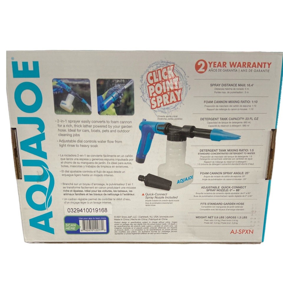 Aqua Joe Hose-Powered Adjustable Foam Cannon Spray Gun Blaster w/Spray ...