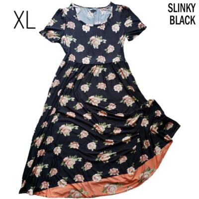 LuLaRoe XL RILEY DRESS EMPIRE MIDI BLACK PINK CORAL FLORAL ROSES DIPPED ...