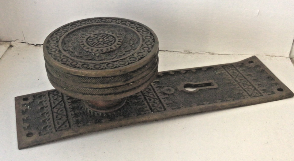 Antique P&F Corbin Brocade patterned doorknob & cast bronze door plate ...