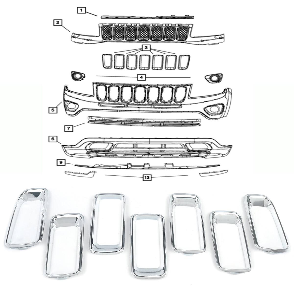 7PCS Chrome Grille Trim Molding Insert fit for Jeep Compass 2011-2017 ...