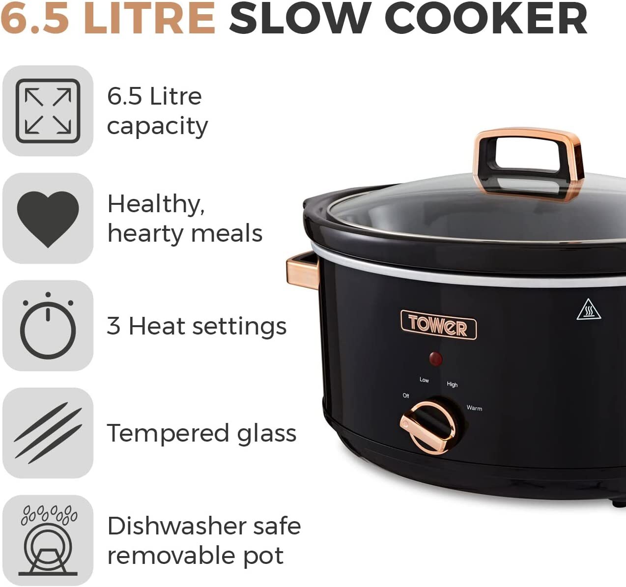 6.5L Slow Cooker - Tower T16019RG 270W - 3 Heat Settings in Black and ...