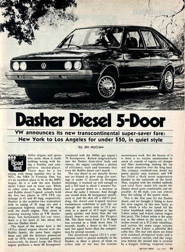 1979 Road Test VW Dasher Diesel 5-Door 3 Pages NY to LA For Under $50 ...