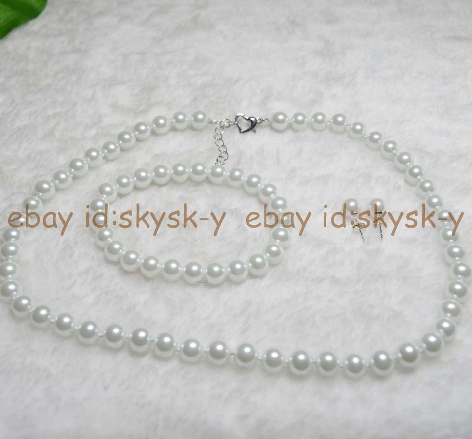 8MM White Akoya Shell Pearl Necklace Bracelet Earrings Set 18" | eBay