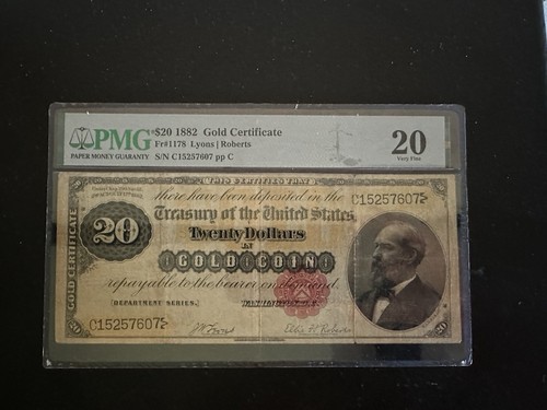 1882 20 Gold Certificate Lyons/Roberts PMG 20 Very Fine Garfield Small ...