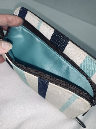 Thirty-One 31 Wallet Three Zipper Blues Denim-look Stripes Canvas Twill ...