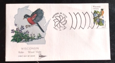 WISCONSIN ROBIN & WOOD VIOLET BIRD & FLOWER 1982 PREMIUM GILL CRAFT FDC ...