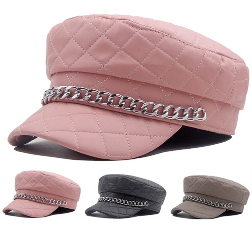 Women Classic Faux Leather Army Captain Cap Flat Ivy Trucker Military ...