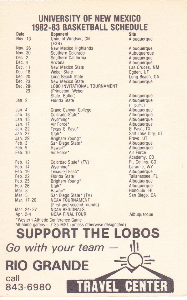 1982-83 UNIVERSITY OF NEW MEXICO LOBOS BASKETBALL POCKET SCHEDULE | eBay