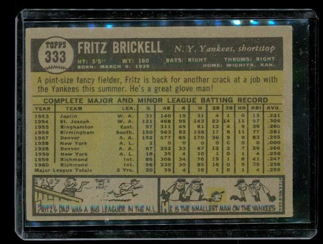 Vintage 1961 TOPPS ROOKIE Baseball Card #333 FRITZ BRICKELL New York ...