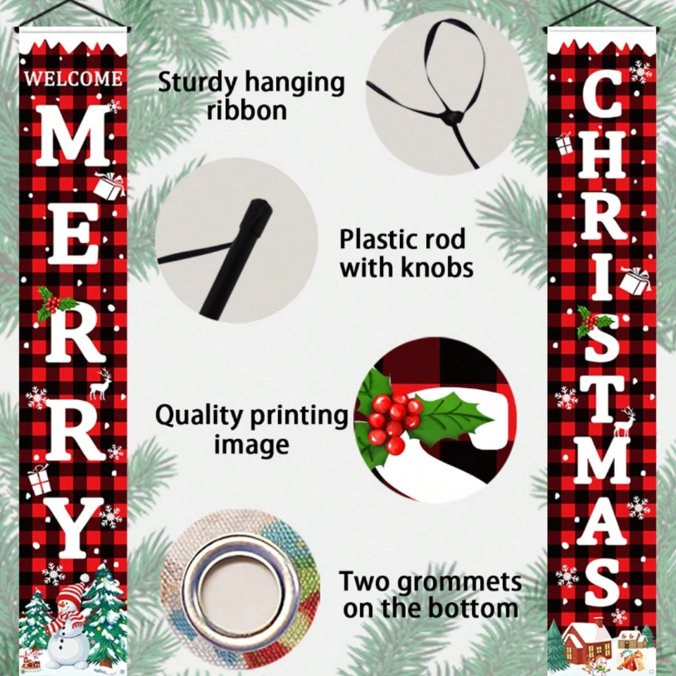 2pcs Merry Christmas Banner Buffalo Plaid Xmas Door Welcome Sign 2026 ...