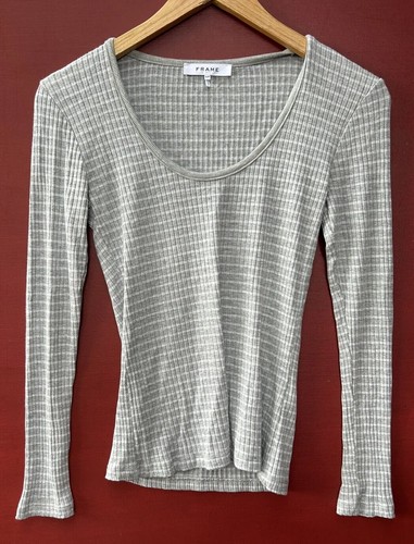Frame Shirt Small Gray White Striped Top Long Sleeve Tee Ribbed Blouse ...