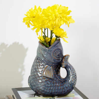 Blue Reactive Glaze Fish Glug Jug Ceramic Decorative Vase Water Pitcher ...