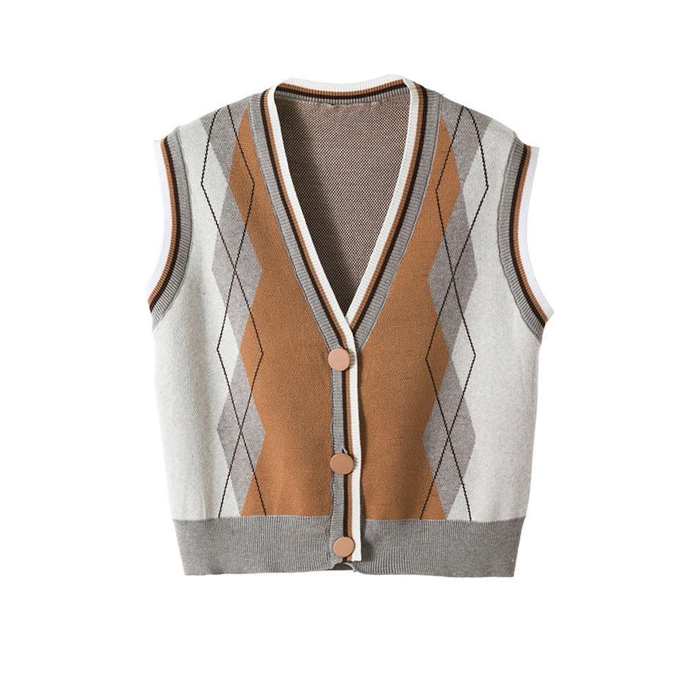 Vintage Style Women Knitted Check Vest Waistcoat Gilet Cardigan Top ...