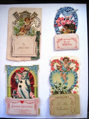 Set of (4) Vintage Pull Down Die Cut Valentines Lovely Children,Doves ...