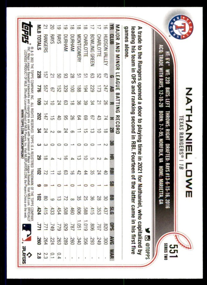 2022 Topps Nathaniel Lowe Baseball Cards #551 | eBay