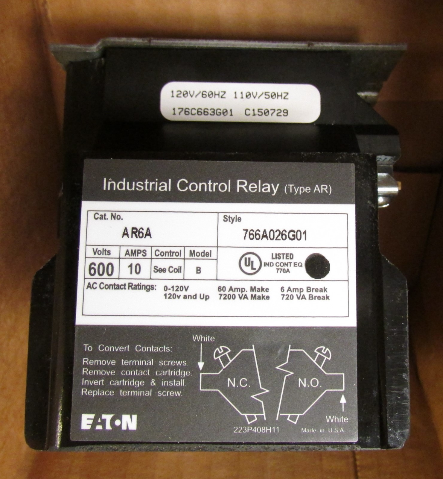 EATON CUTLER HAMMER AR6A 110/120V 6 Pole Relay 766A026G01 (Without ...