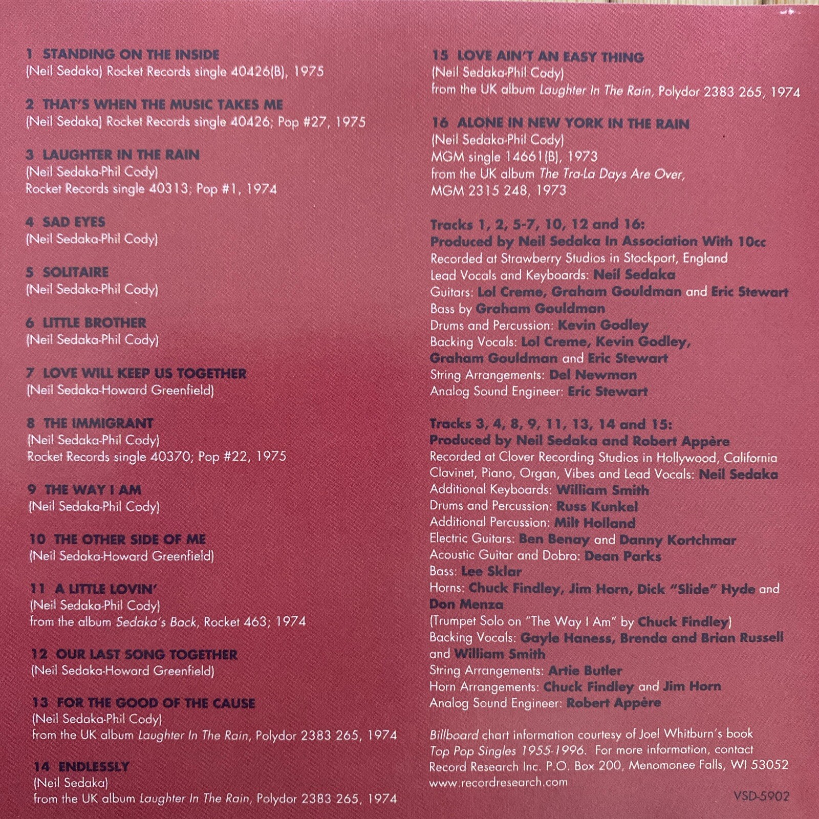 Neil Sedaka - Sedaka’s Back CD Varese Vintage (VSD-5902) USA Press 1998 ...