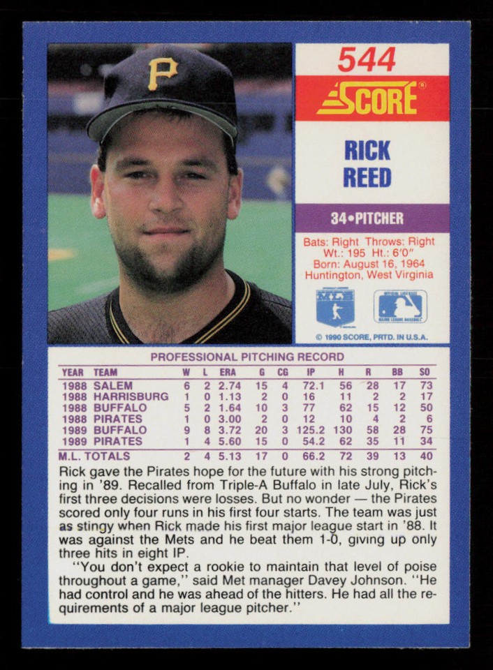 1990 Score Rick Reed #544 RC Rookie Pittsburgh Pirates Baseball Card | eBay