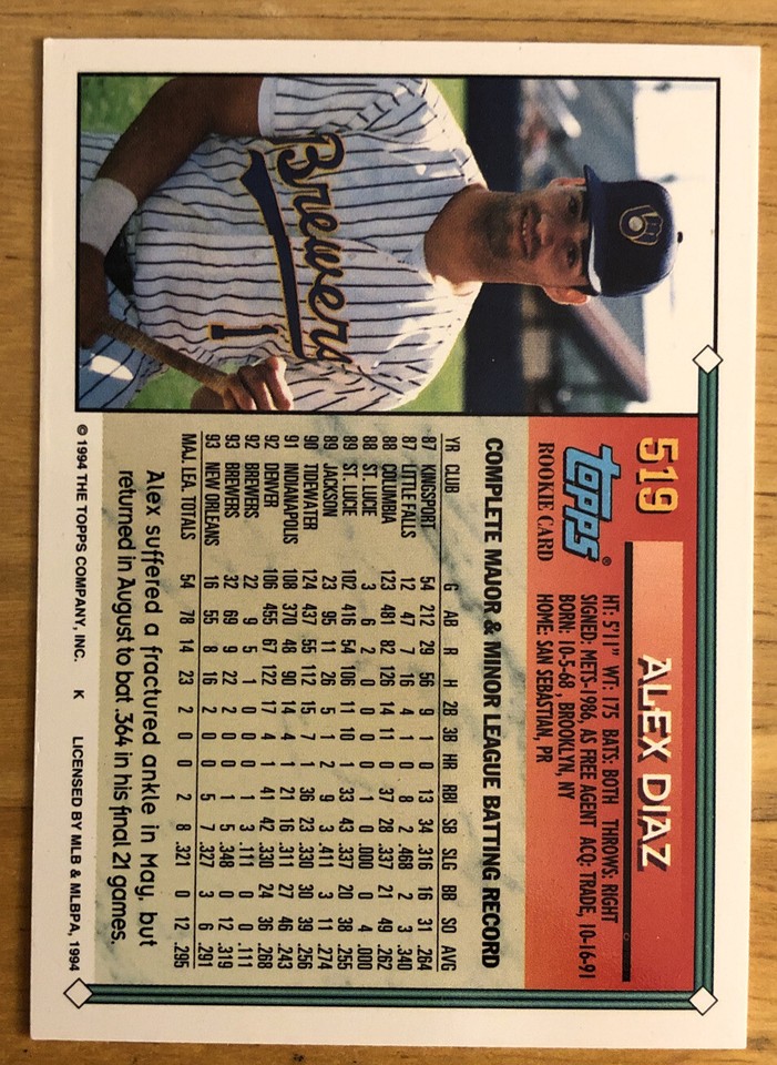 1994 Topps Alex Diaz Baseball Card #519 Brewers Outfield High-Grade NM ...