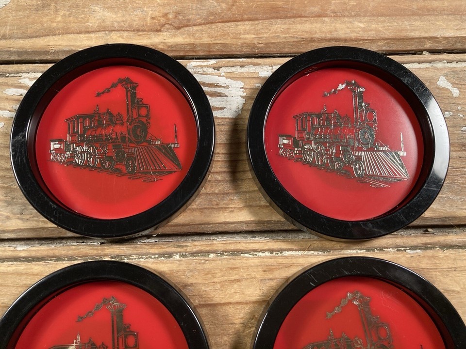 Vintage Mid Century Barware Coasters Set of 4 Trains Black Red Gold ...
