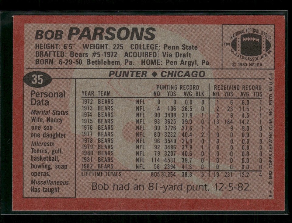 1983 Topps #35 Bob Parsons Chicago Bears | eBay