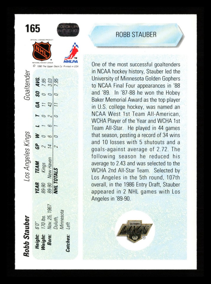 Robb Stauber 1990-91 Upper Deck Hockey NHL #165a Los Angeles Kings | eBay