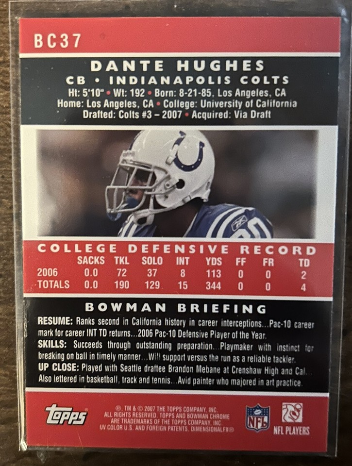 2007 Bowman Chrome Dante Hughes #BC37 Rookie RC Indianapolis Colts | eBay