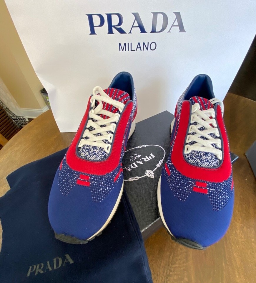 PRADA 2EG272 RED BLUE FABRIC TRAINERS KNIT LOGO LACE UP SNEAKERS US 8 ...
