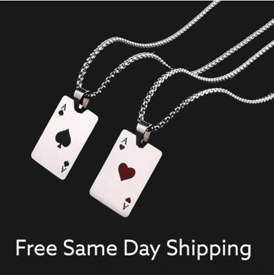 Stainless Steel Lucky Spades Heart Ace Poker Necklace Unisex Hip Hop ...