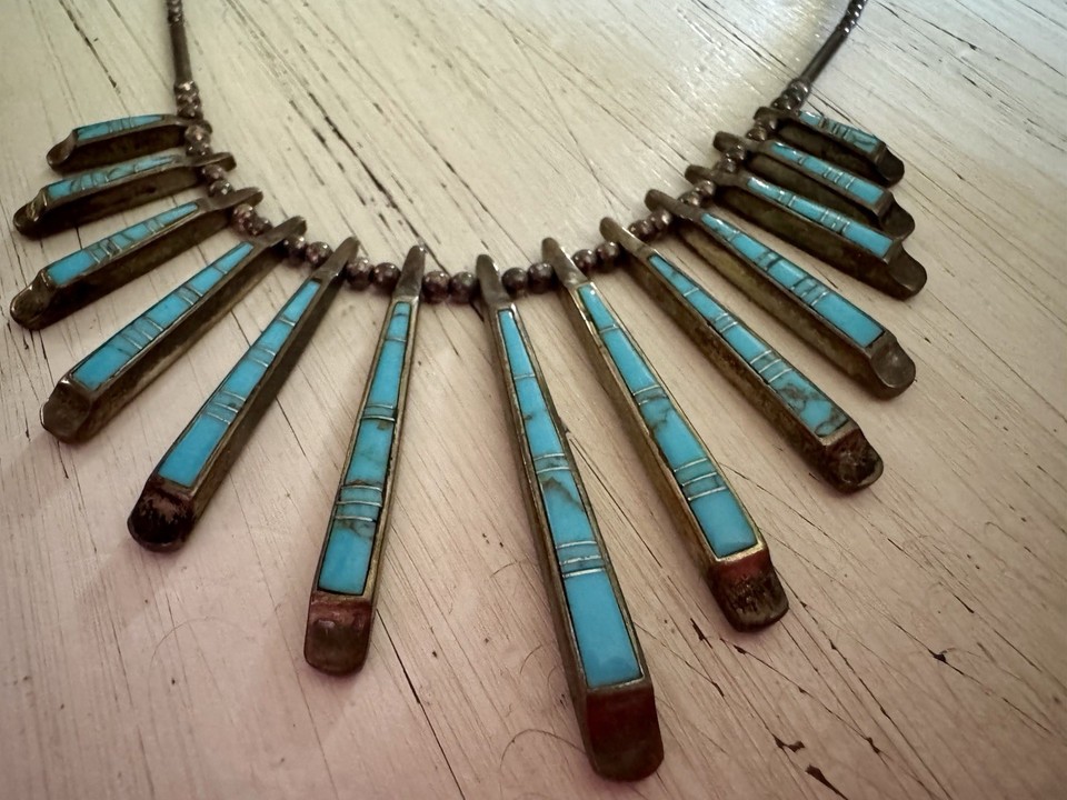 Cherokee Sterling Turquoise & Onyx Inlay Reversible 13 Spike Necklace ...