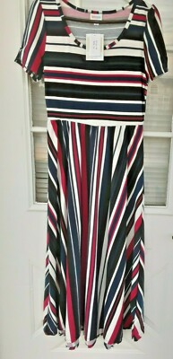 LuLaRoe Riley Empire Waist Midi Dress Medium Navy Blue Pink White ...