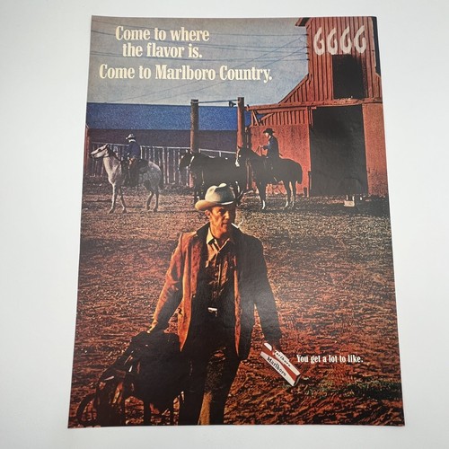 Marlboro Reds Cigarettes 1968 Print Ad 10.5"x13.5" barn horses cowboy ...