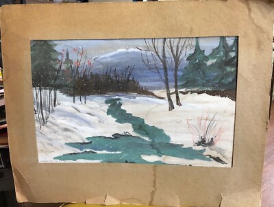 Vintage Painting Watercolor Winter Brook Stream Forest Scene Snow ...