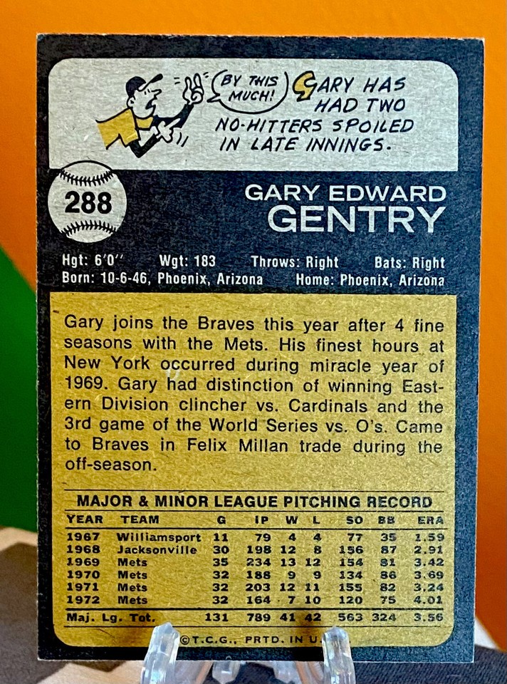 1973 Topps Baseball Card #288 Gary Gentry Atlanta Braves Centered EX-MT ...