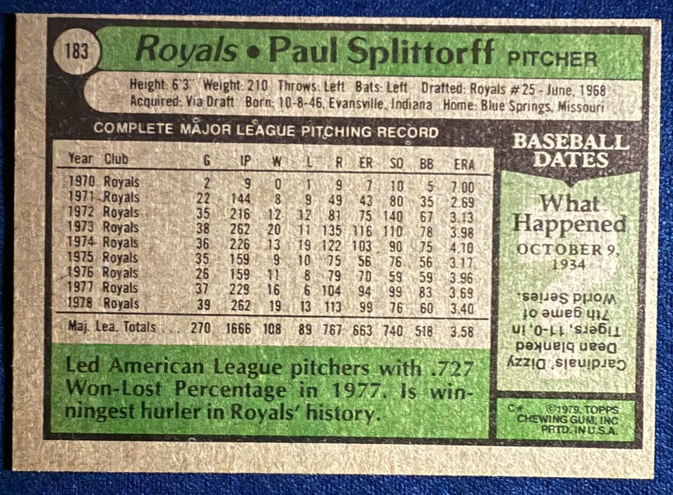 1979 TOPPS #183 PAUL SPLITTORFF (KANSAS CITY ROYALS) BASEBALL CARD | eBay