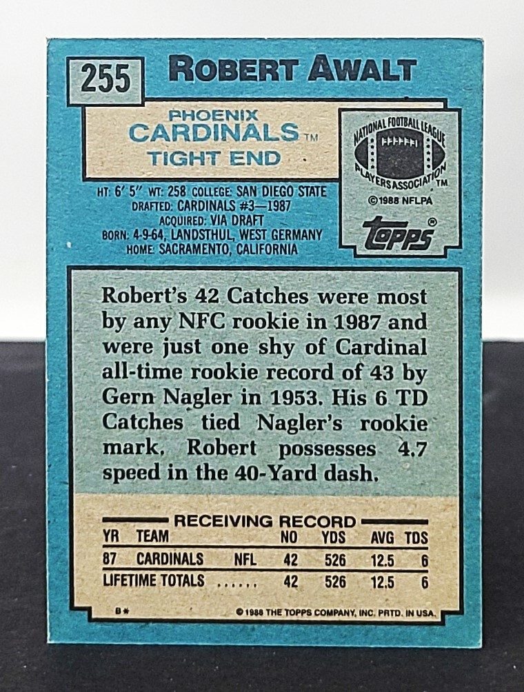 ROBERT AWALT Signed Autograph 1988 Topps Football Card RC #255 Phoenix ...