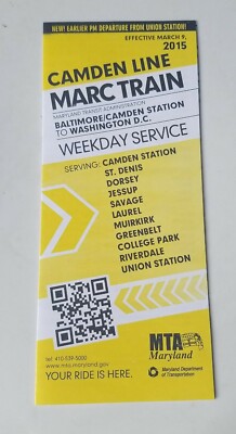 2015 MTA Maryland MARC Train Map & Schedule - Camden Line | eBay