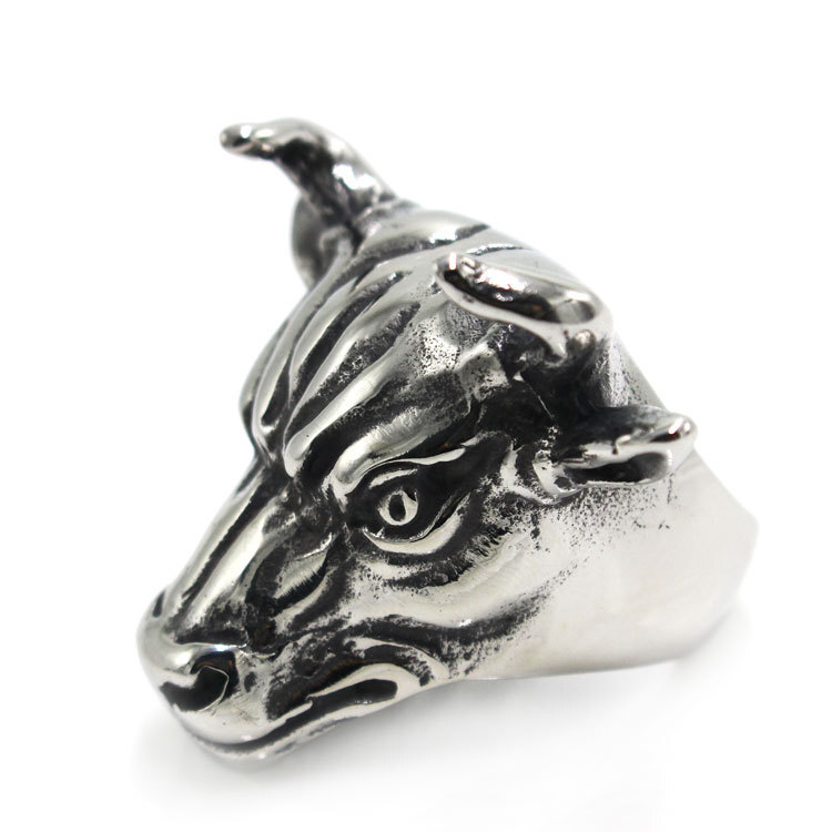Stainless Steel Men's Bull Head Ring Ox Horn Powerful Punk Ring Vintage ...