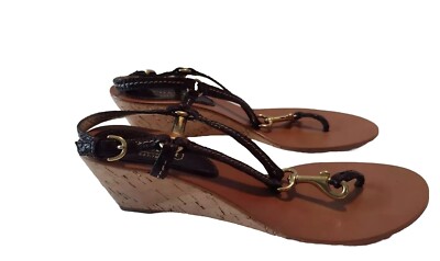Coach Gynger Brown Leather Wedge Sandals Lobster Claw Shoe 8.5 M Medium ...