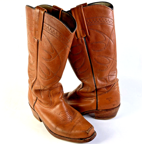 Frye Cowboy Boots Mens 7 D Western Leather stacked heel brown ...