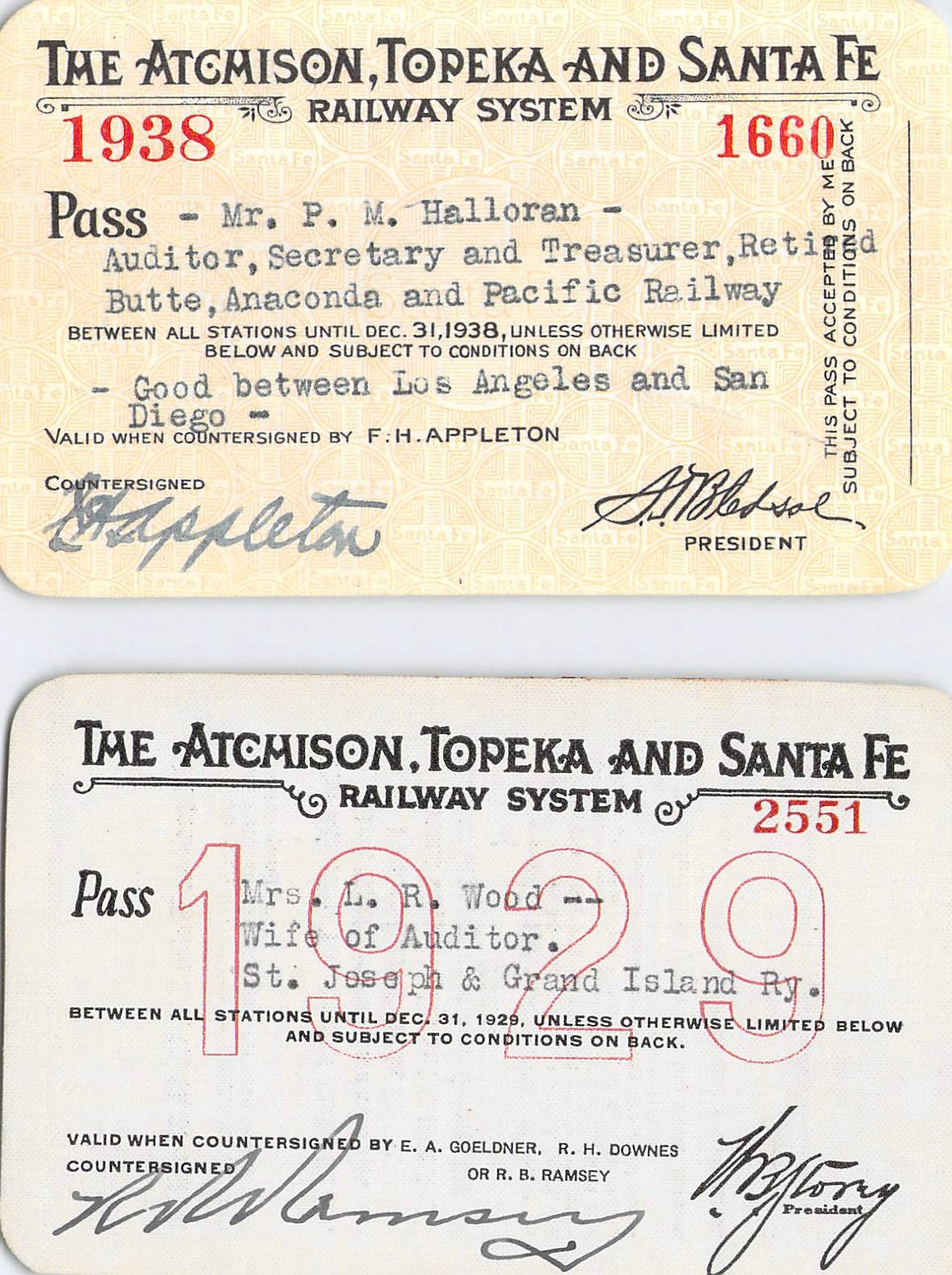 SANTA FE ATCHISON TOPEKA RAILWAY PASS RR RY RWY RAILROAD PASSES ( 2 ...
