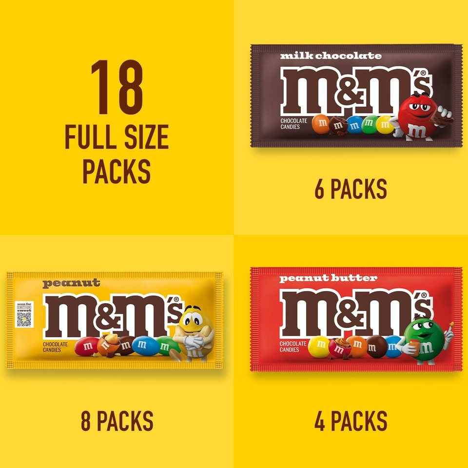 M&M'S Milk Chocolate Candy, Variety Pack, Full Size, Pack of 18 Bulk ...