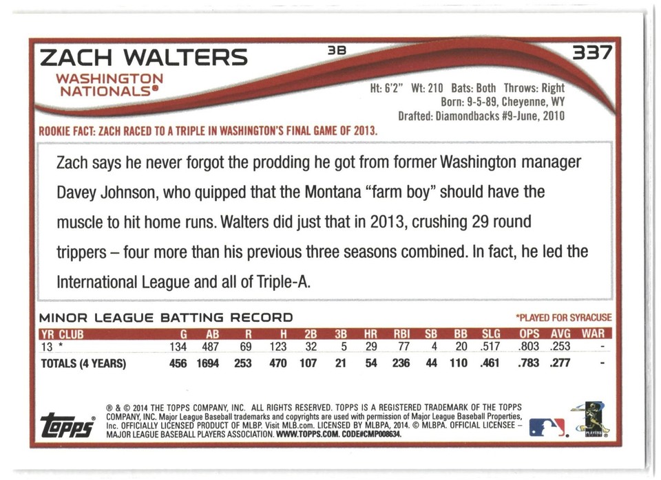 2014 Topps Baseball Zach Walters Rookie Washington Nationals #337 | eBay