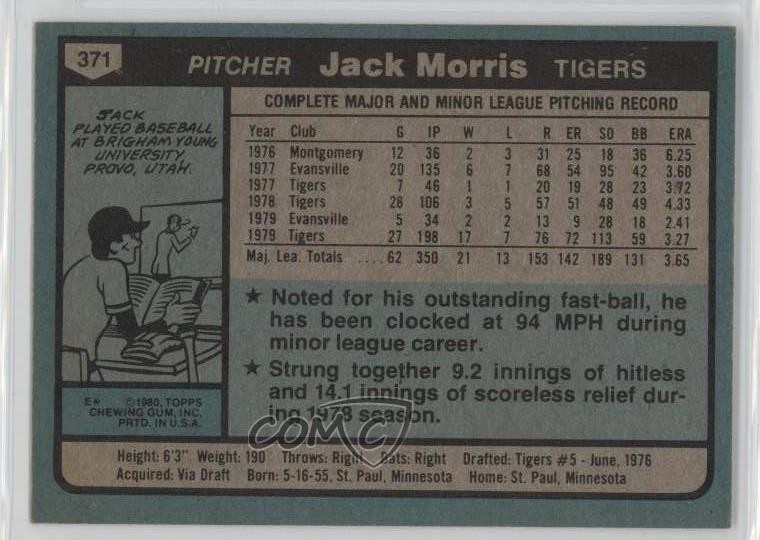1980 Topps Jack Morris #371 HOF | eBay