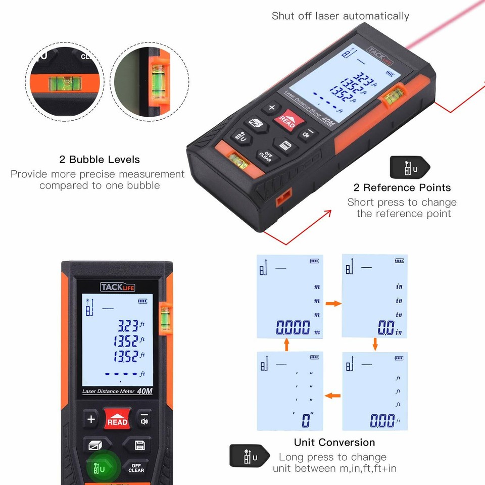 Tacklife HD40 Classic Laser Measure 131Ft M/In/Ft Mute Laser Distance ...