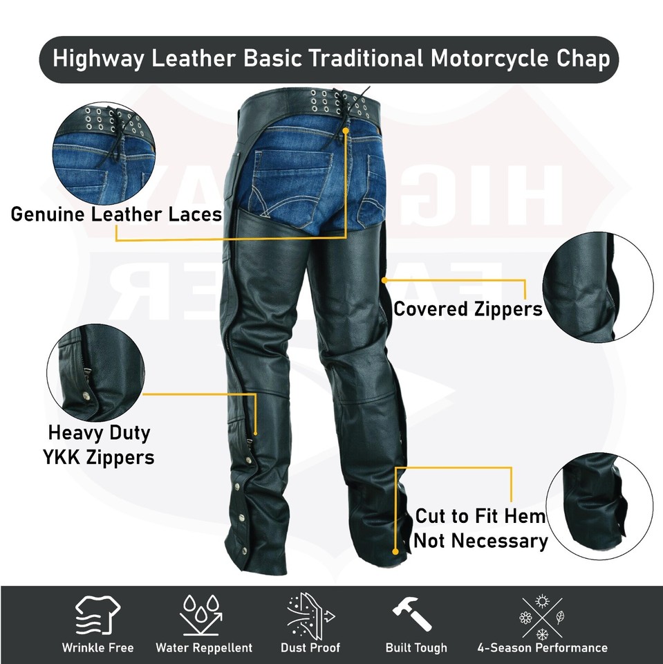 Highway Leather Lined Chaps Motorcycle Riding Bikers Chap Black SKU ...