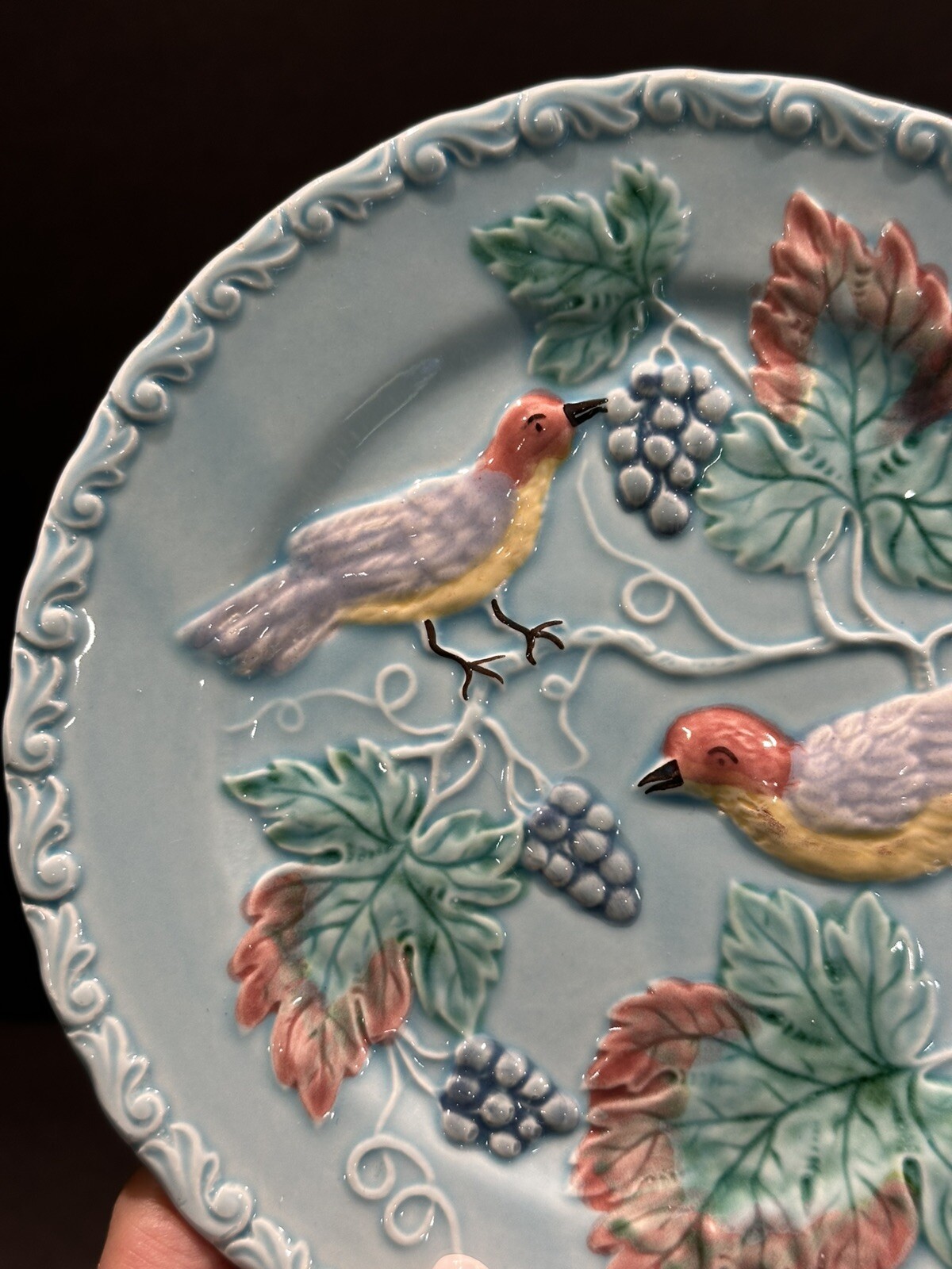 Antique 1900's Western Germany Turquoise Majolica Birds and Grapes ...