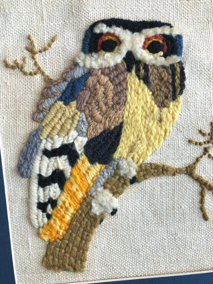 1967 Vintage 3D owl Crewel Completed Framed Art Erica Wilson Heirloom ...