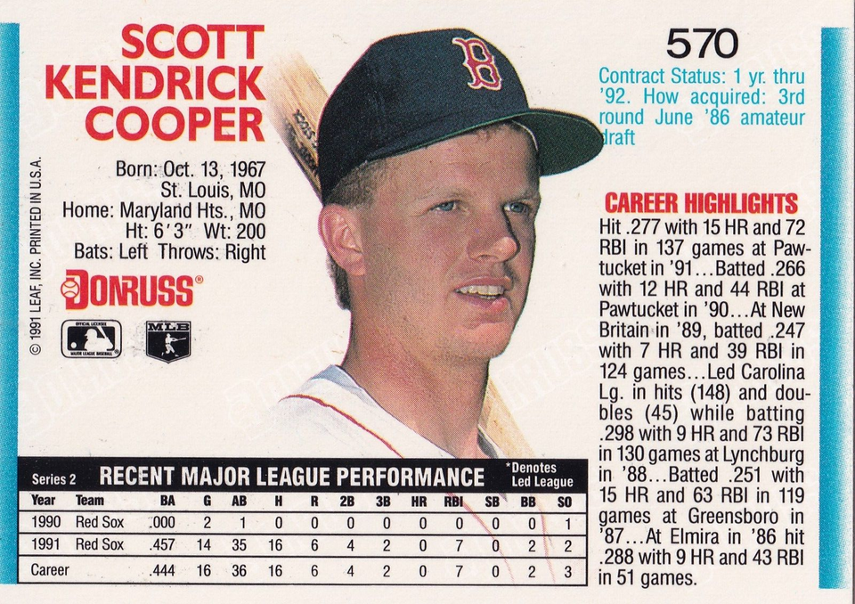 1992 Donruss #570 Scott Cooper MLB Boston Red Sox + (Yes 4 Free Mystery ...