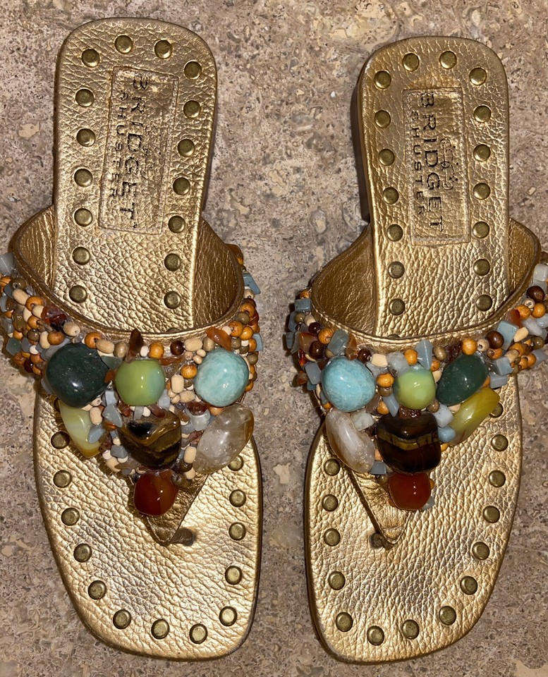 Bridget Shuster RARE Gold Leather Sandals Studded & Jeweled with Stones ...